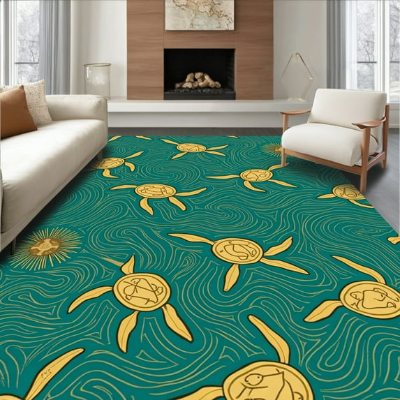 Flatwoven High Traffic Area Rug, Coastal Marine Life and Wave Inspired ...