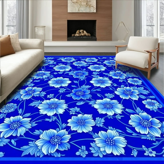 Flatwoven High Traffic Area Rug, Cobalt Bouquet Runner with Geometric ...