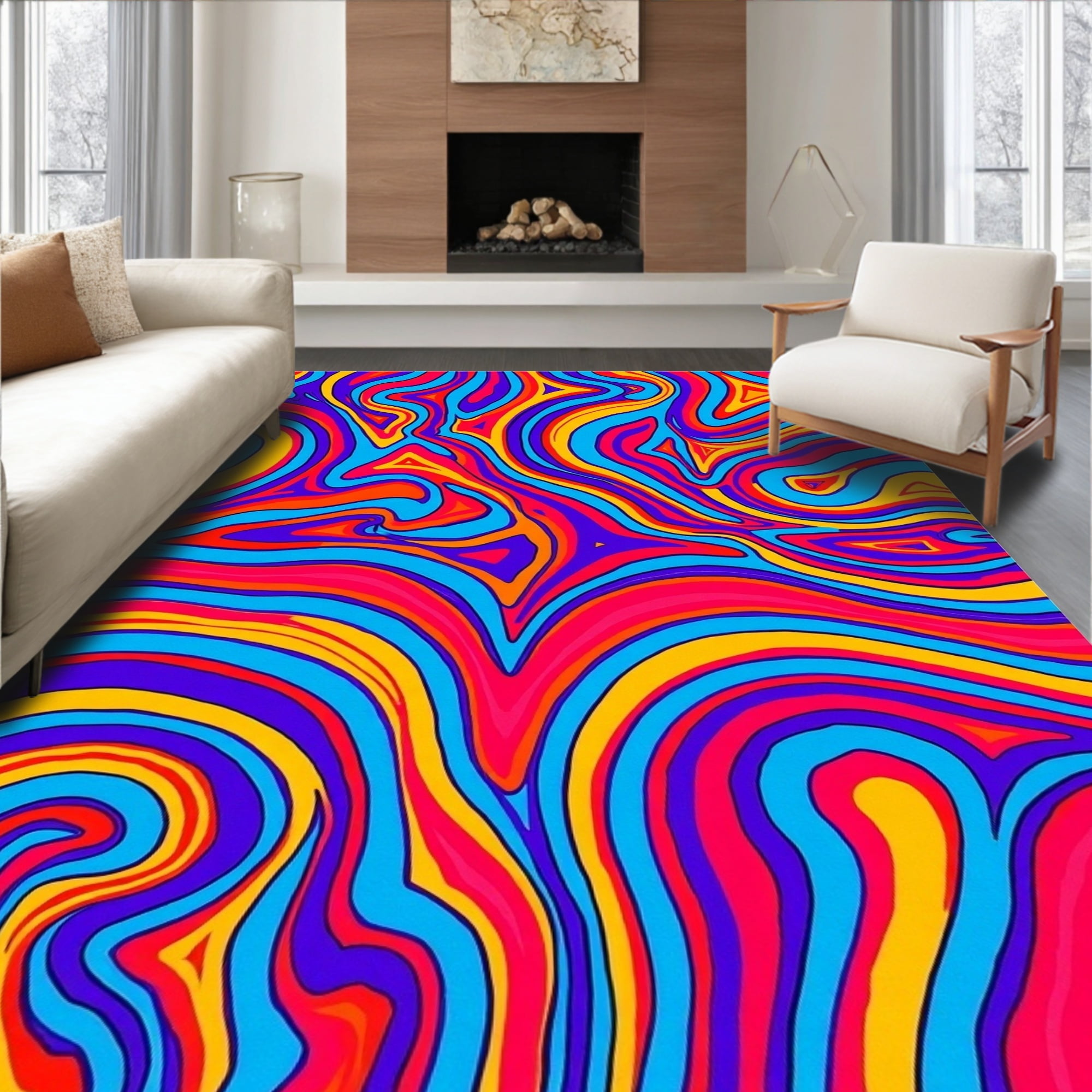 Flatwoven High Traffic Area Rug, Colorful Abstract Waves with Nature ...