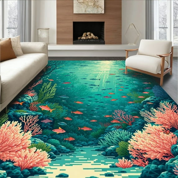Flatwoven High Traffic Area Rug, Colorful Coastal with Interlocking ...