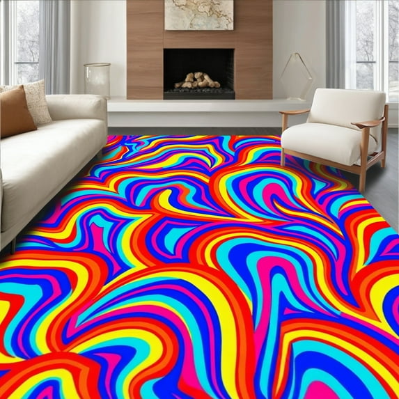 Flatwoven High Traffic Area Rug, Colorful Rainbow Swirl Art, Non Slip ...