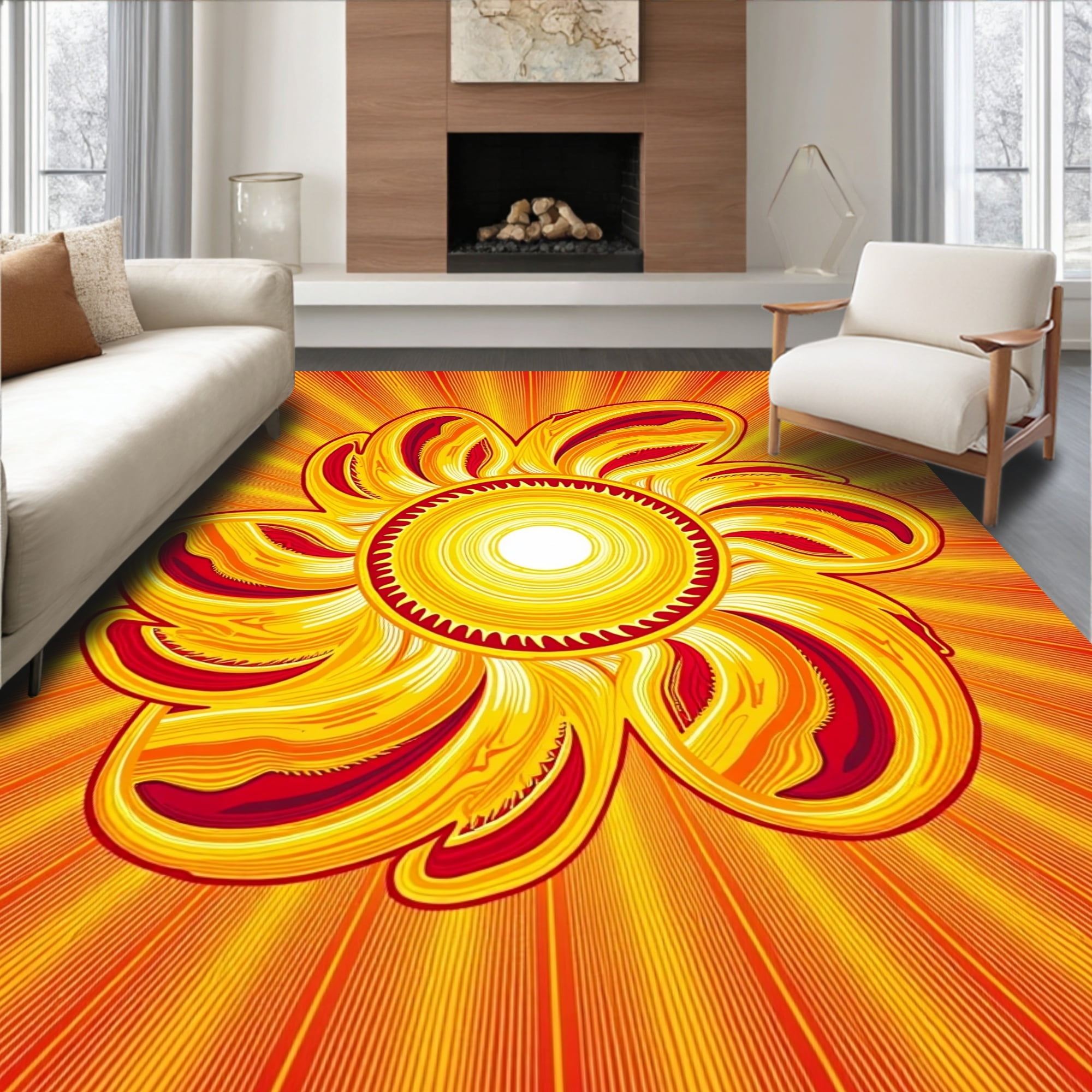 Flatwoven High Traffic Area Rug, Colorful Swirling Sun God With Radiant ...