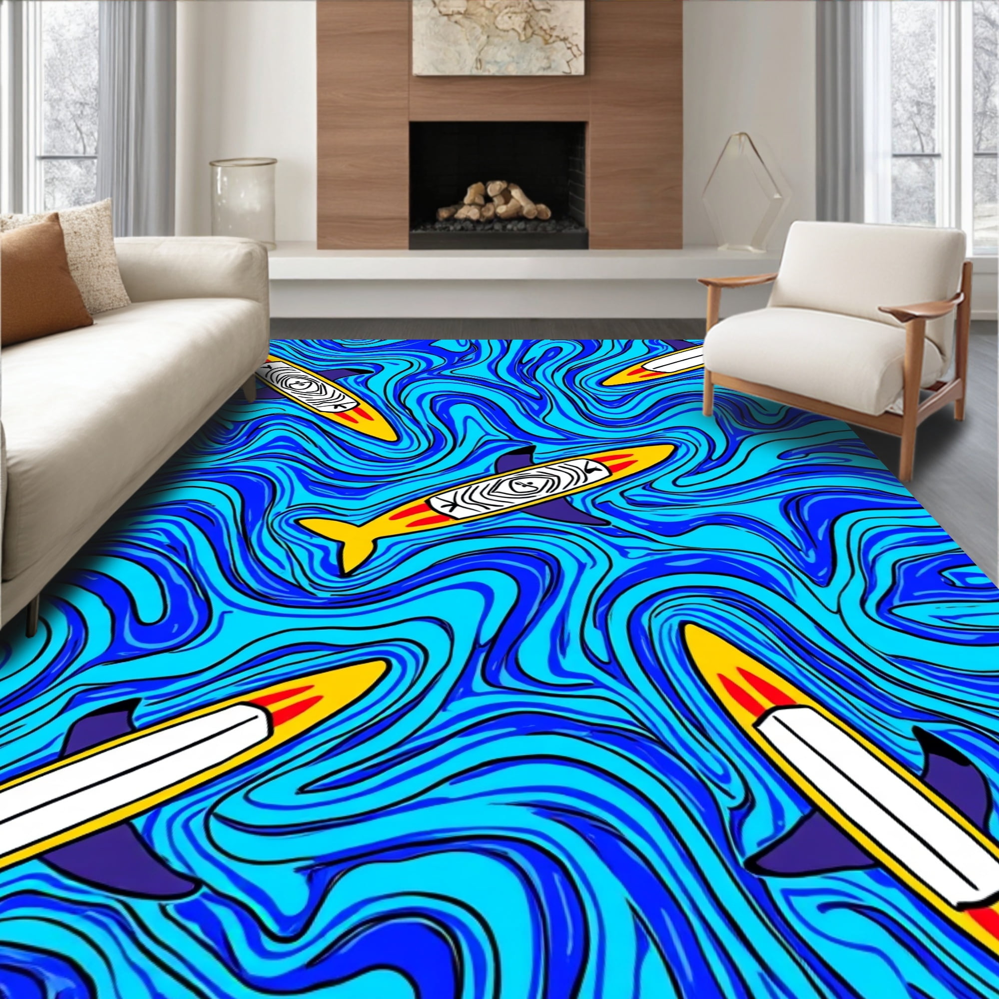 Flatwoven High Traffic Area Rug, Comic Style Sharks and Surfboards with ...