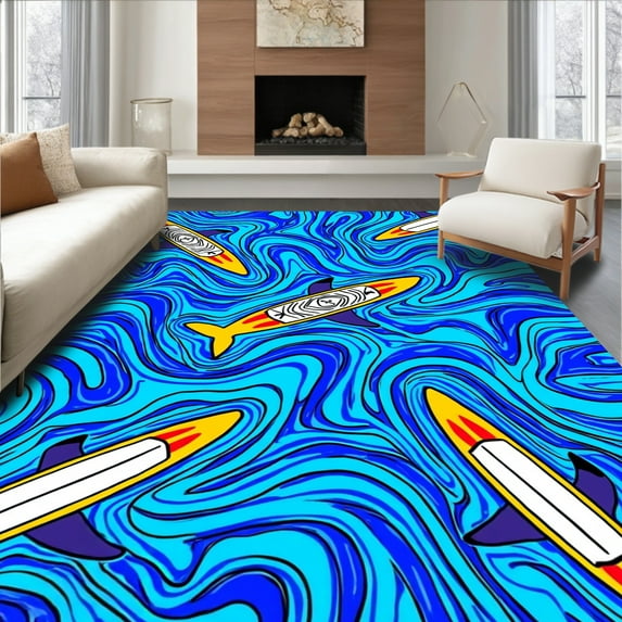 Flatwoven High Traffic Area Rug, Comic Style Sharks and Surfboards with ...