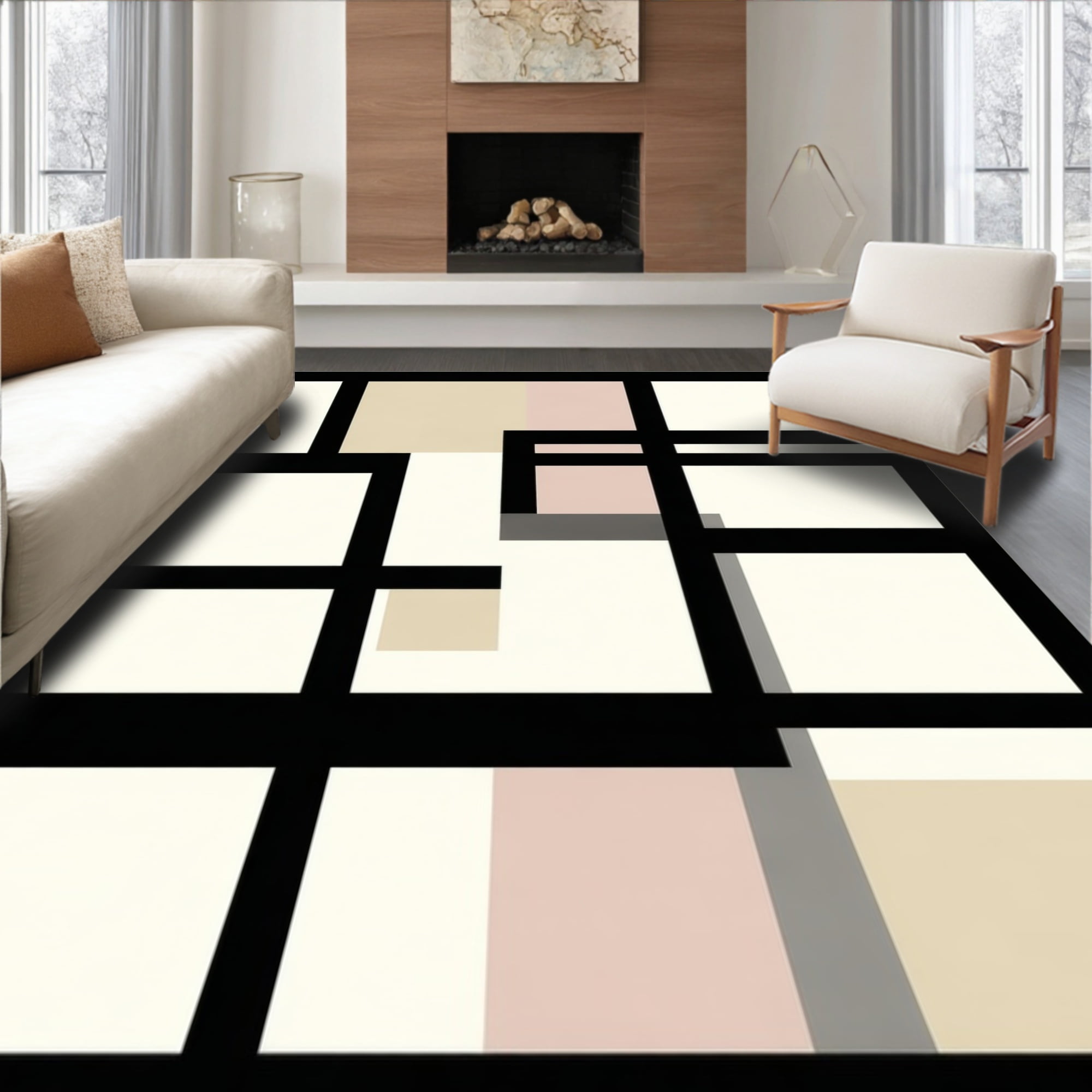 Flatwoven High Traffic Area Rug, Contemporary Grid with Interlocking ...