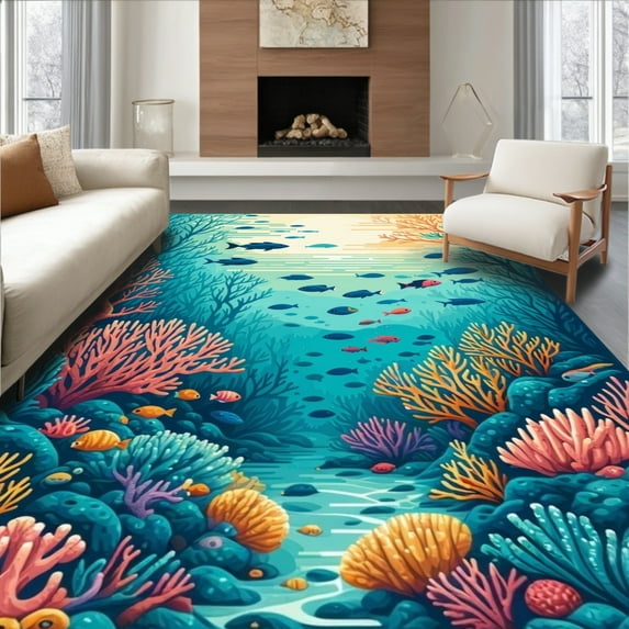 Flatwoven High Traffic Area Rug, Coral Reef Serenity Underwater World ...