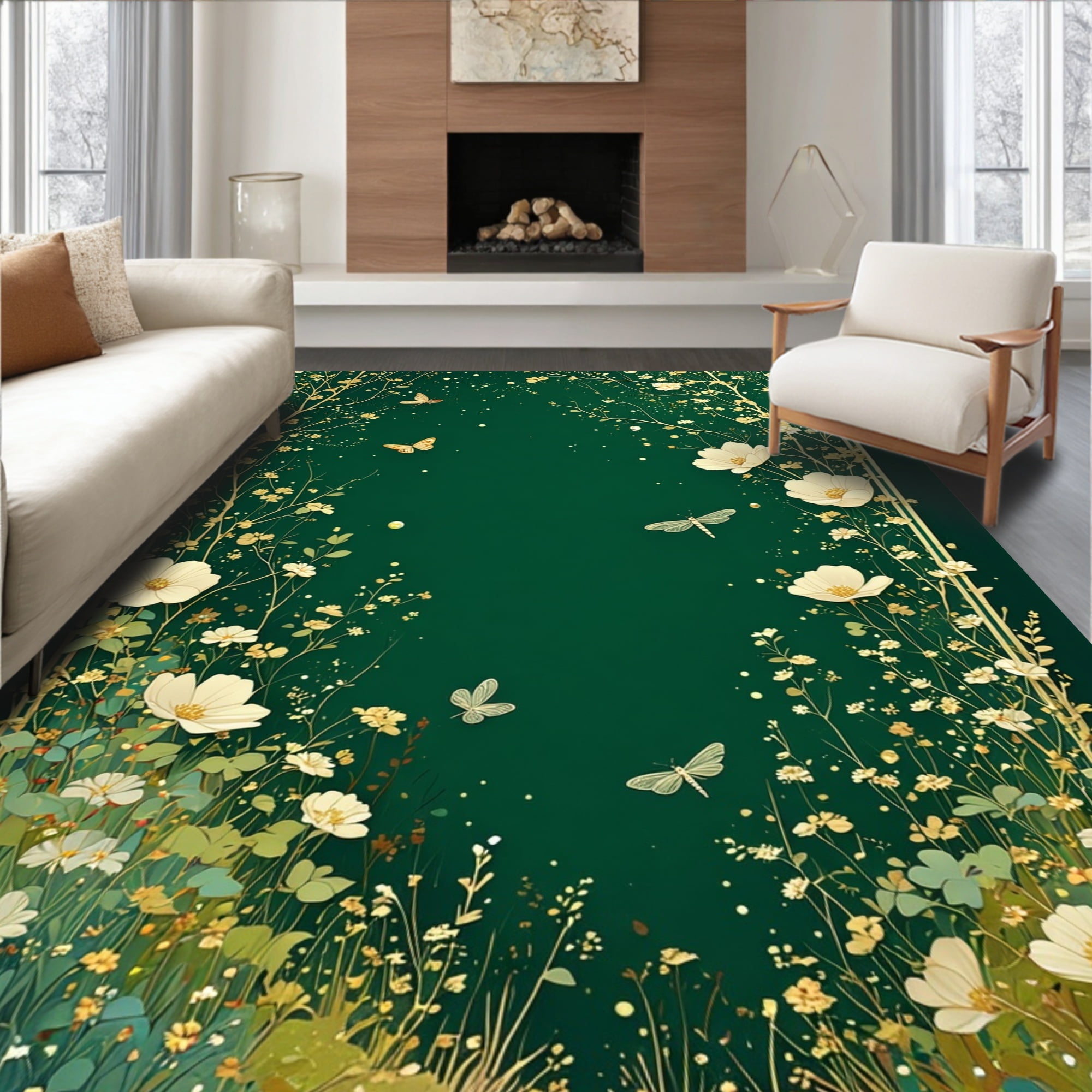 Flatwoven High Traffic Area Rug, Cottagecore Fantasy Flora with Beetle ...