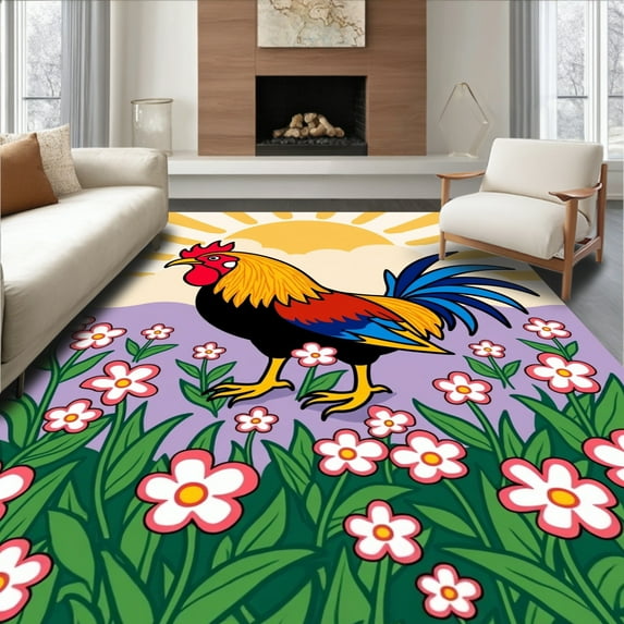 Flatwoven High Traffic Area Rug, Country Sunrise Rooster Scene with ...