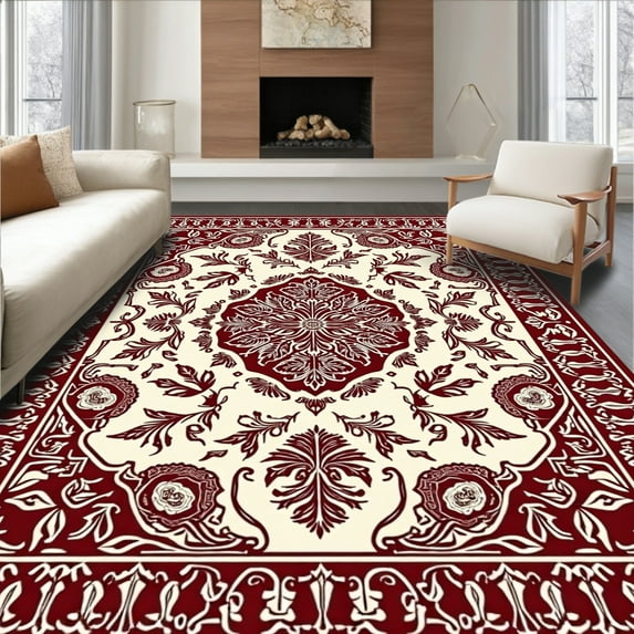 Flatwoven High Traffic Area Rug, Crimson Bloom Floral Tapestry Design ...