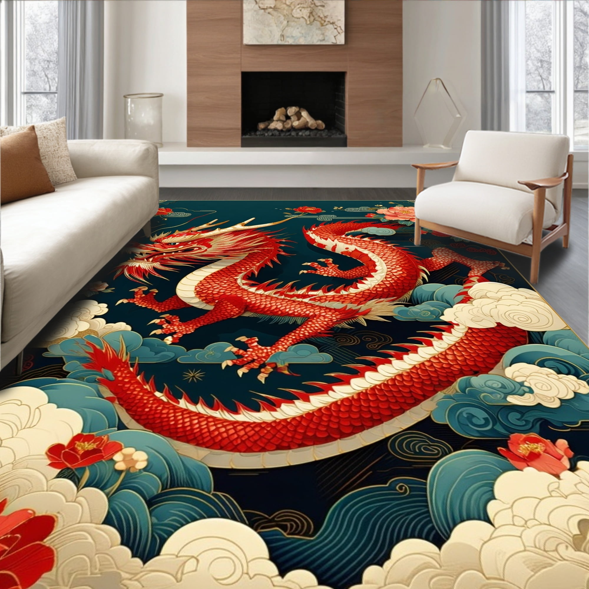 Flatwoven High Traffic Area Rug, Crimson Dragon Ascent Eastern Inspired Fantasy, Non Slip, Stain ...