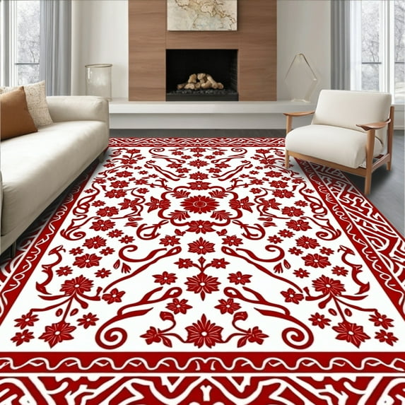 Flatwoven High Traffic Area Rug, Crimson Floral Trellis Area, Non Slip ...