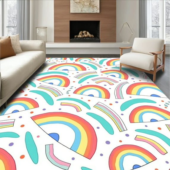 Flatwoven High Traffic Area Rug, Cute Hand Drawn Rainbow Motif with ...