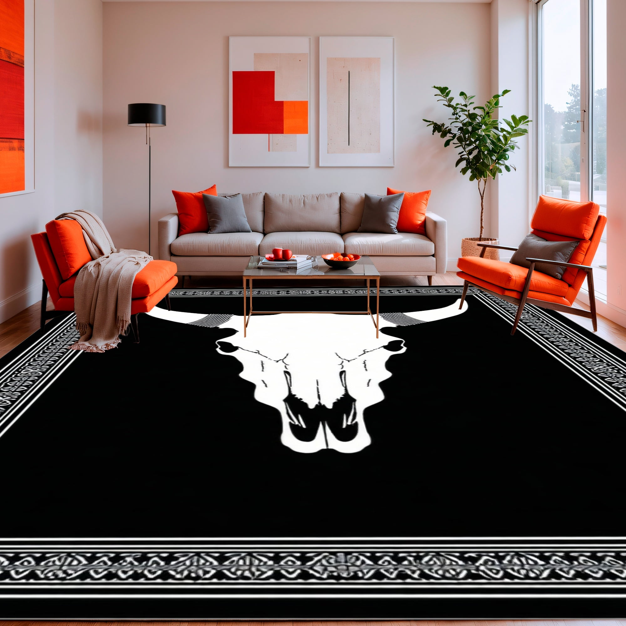 Flatwoven High Traffic Area Rug, Dark Academia Bull Skull and Geometric ...