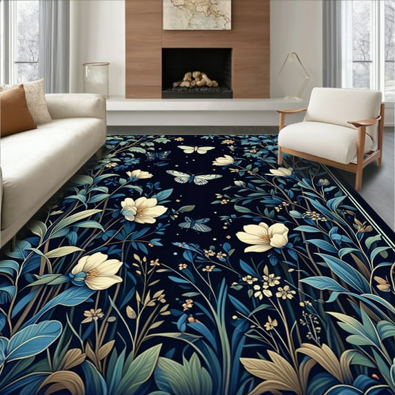 Flatwoven High Traffic Area Rug, Dark Botanical Insect Elegant Floral ...