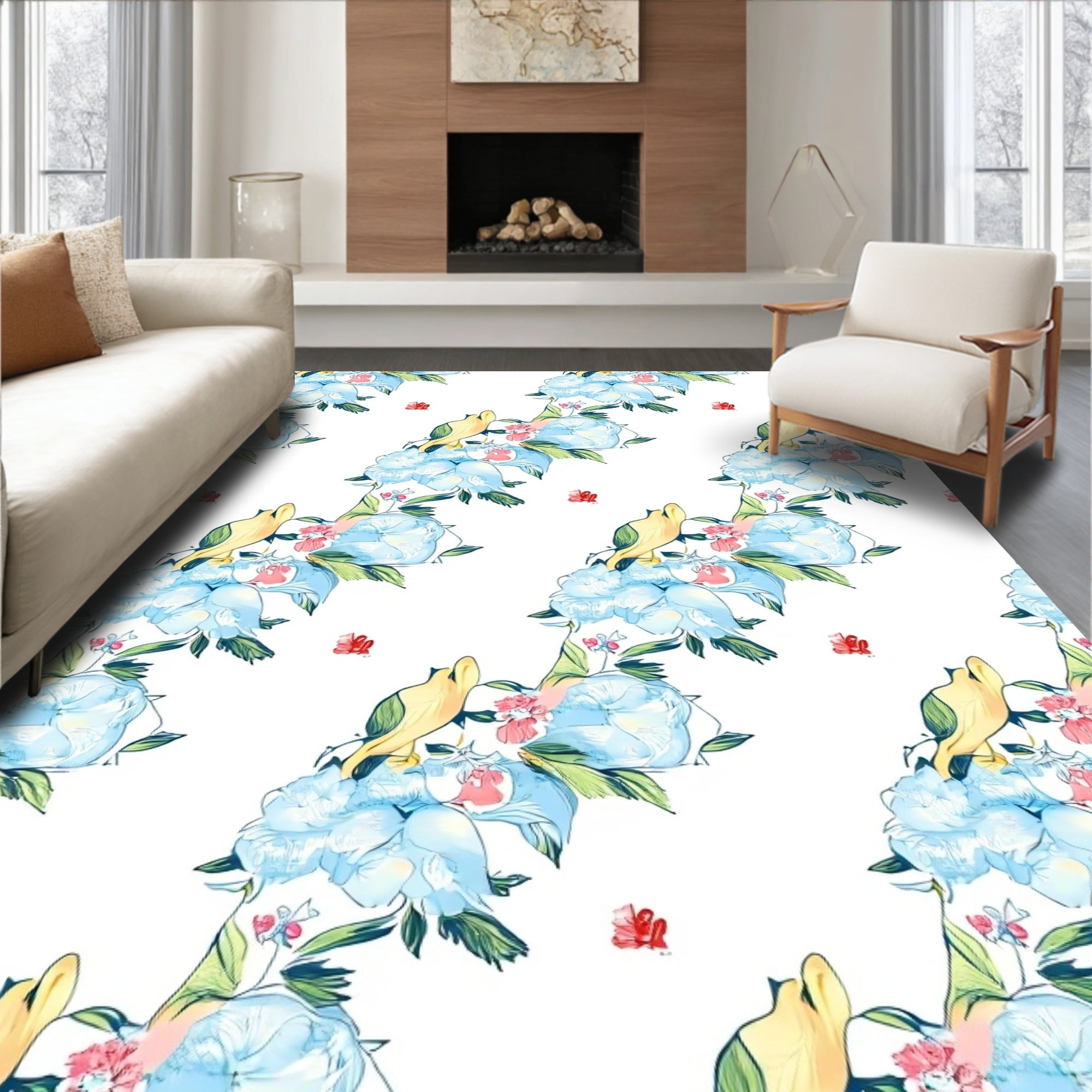 Flatwoven High Traffic Area Rug, Delicate Magpie and Hydrangea Bouquet ...