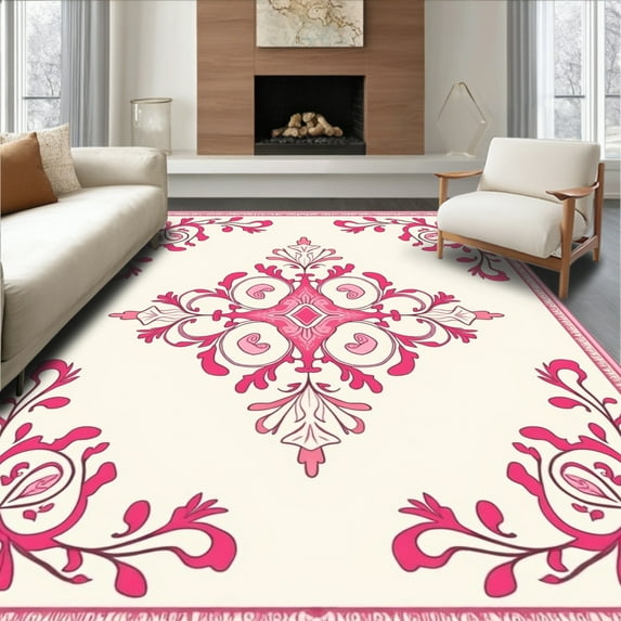 Flatwoven High Traffic Area Rug, Delicate Victorian Style Damask Motif ...
