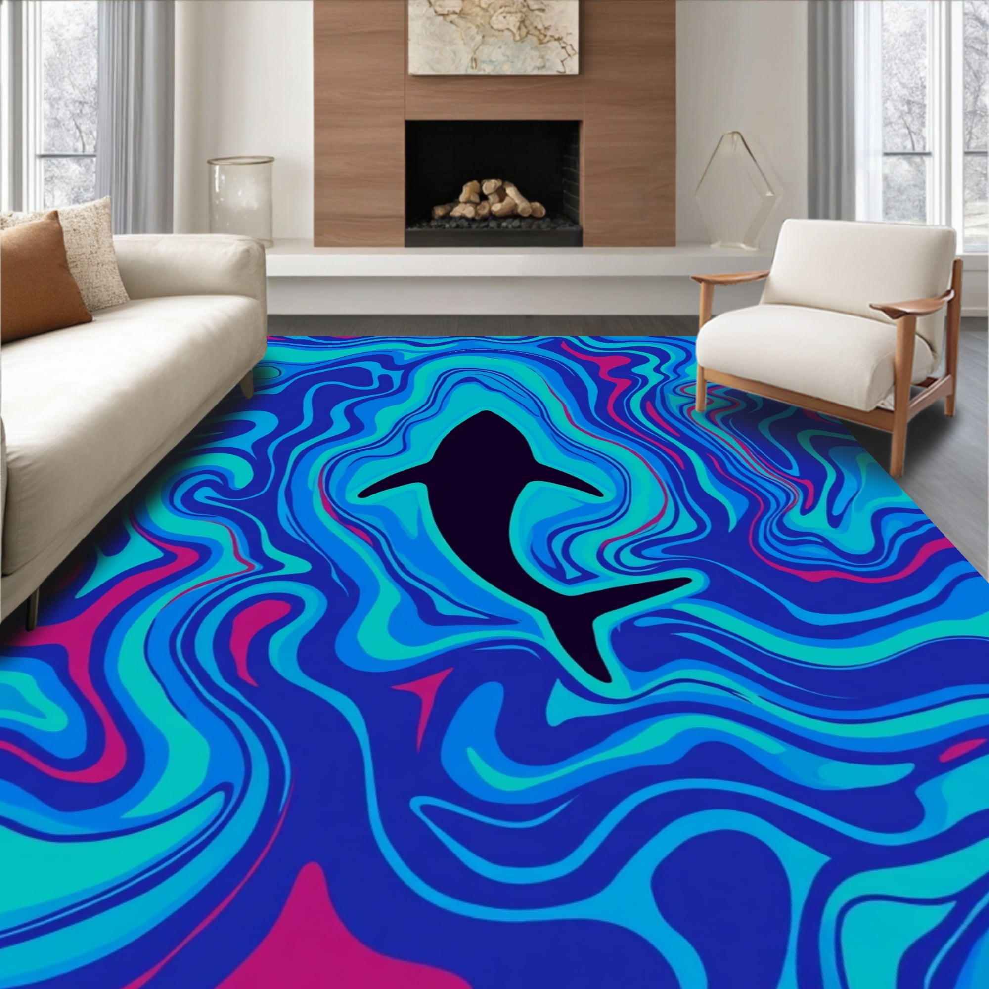 Flatwoven High Traffic Area Rug, Dynamic Ocean Predator Silhouette with ...