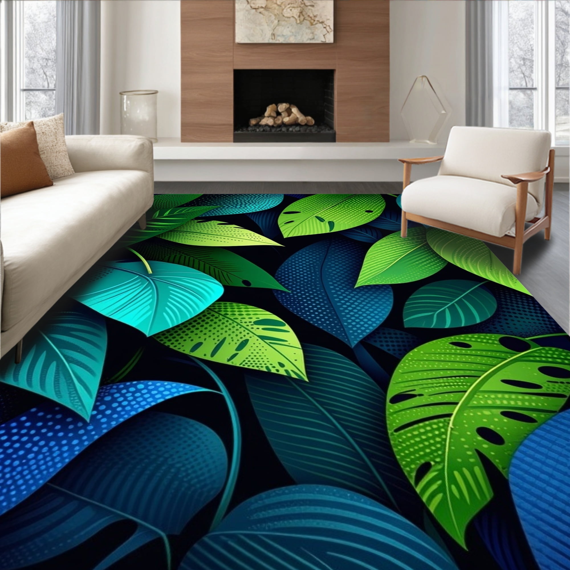 Flatwoven High Traffic Area Rug, Eclectic Jaguar Print Funky Green Leaf ...