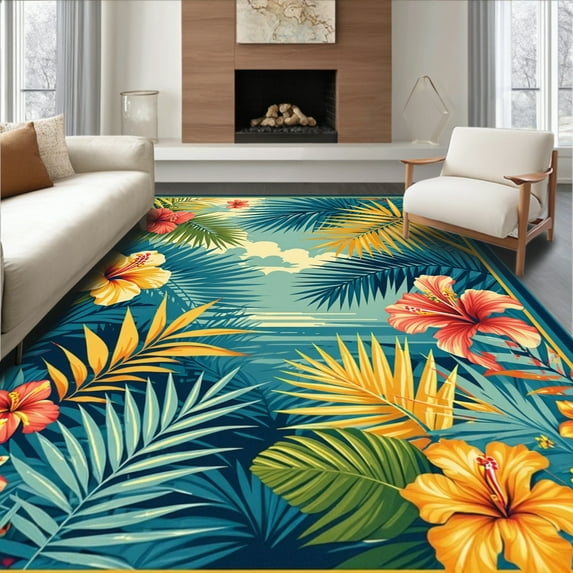 Flatwoven High Traffic Area Rug, Eclectic Tropical Print with Unique ...