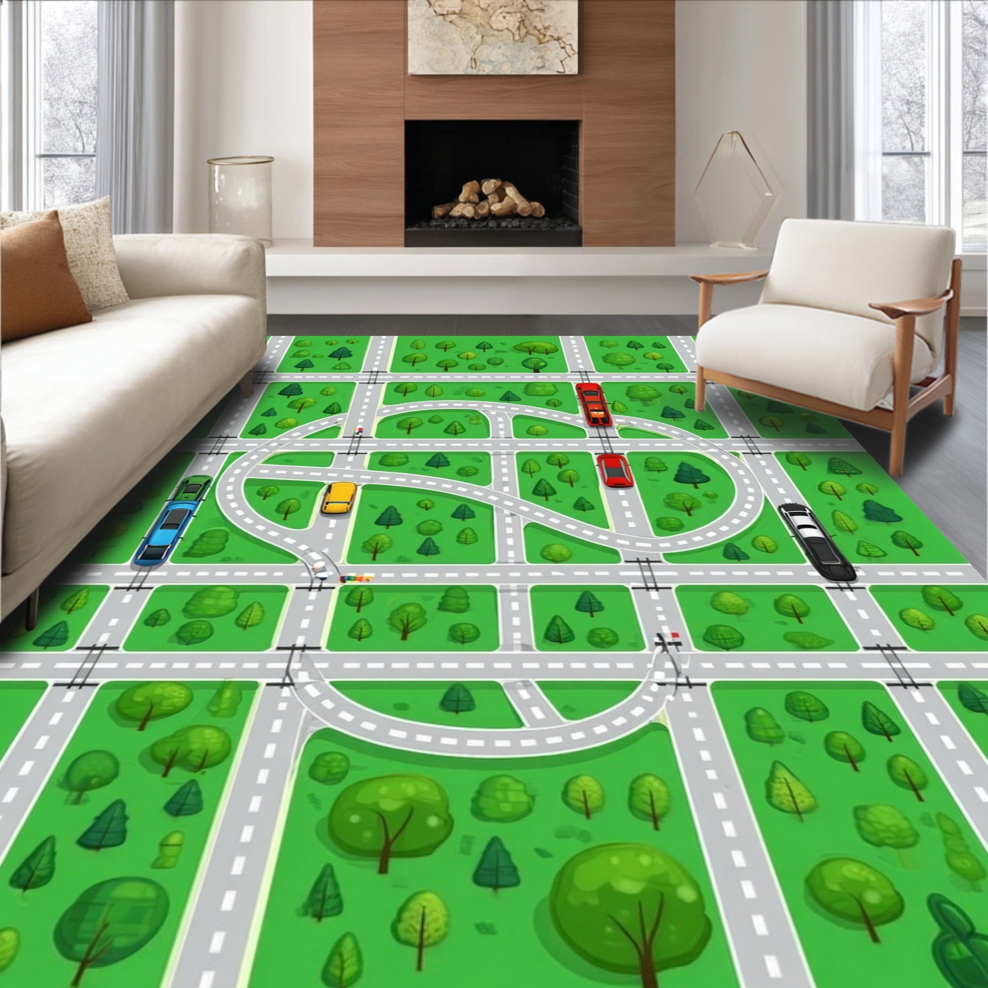 Flatwoven High Traffic Area Rug, Educational Road Map Rug with Trains ...