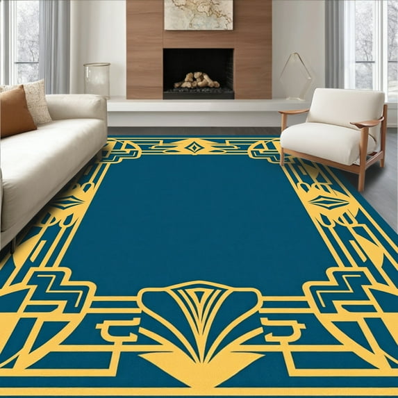 Flatwoven High Traffic Area Rug, Elegant Art Deco Teal Design, Non Slip ...