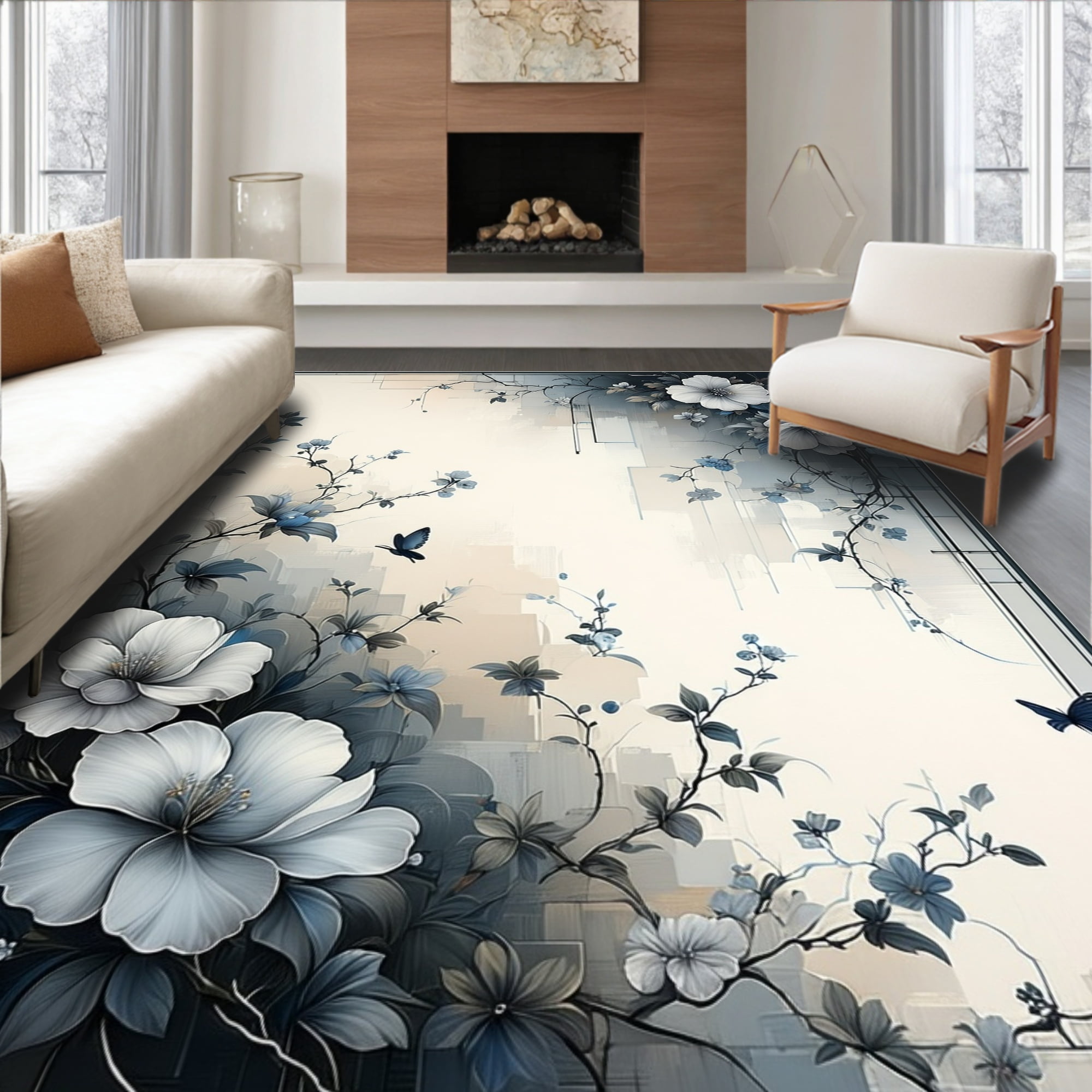 Flatwoven High Traffic Area Rug, Elegant Black Grey Sculpted Floral ...