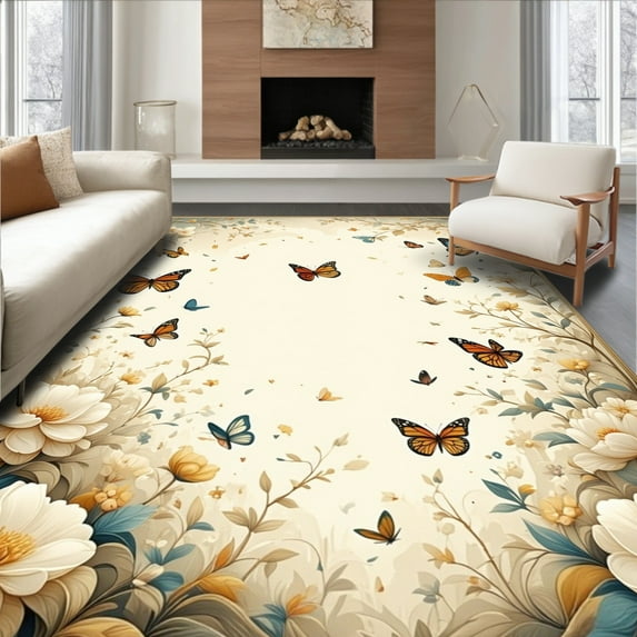Flatwoven High Traffic Area Rug, Elegant Butterfly Swarms with Stylized ...
