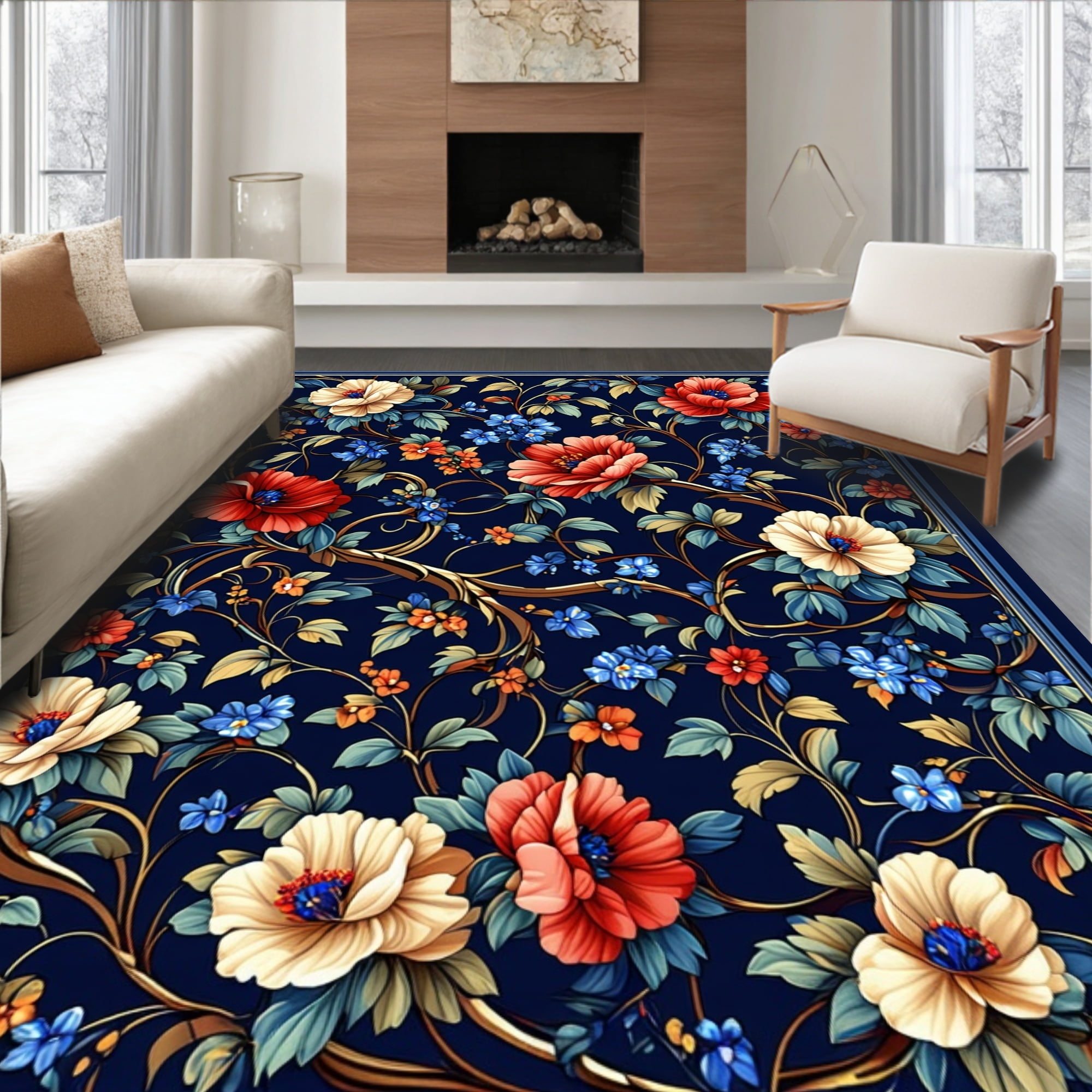 Flatwoven High Traffic Area Rug, Elegant Dark Floral Design with ...