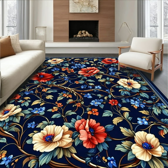 Flatwoven High Traffic Area Rug, Elegant Dark Floral Design with ...