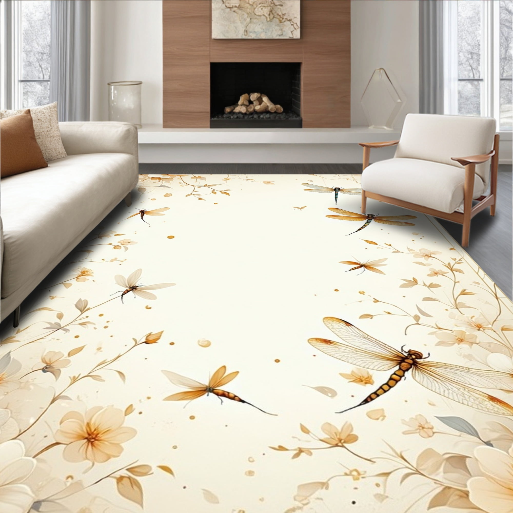 Flatwoven High Traffic Area Rug, Elegant Dragonfly and Dainty Floral ...