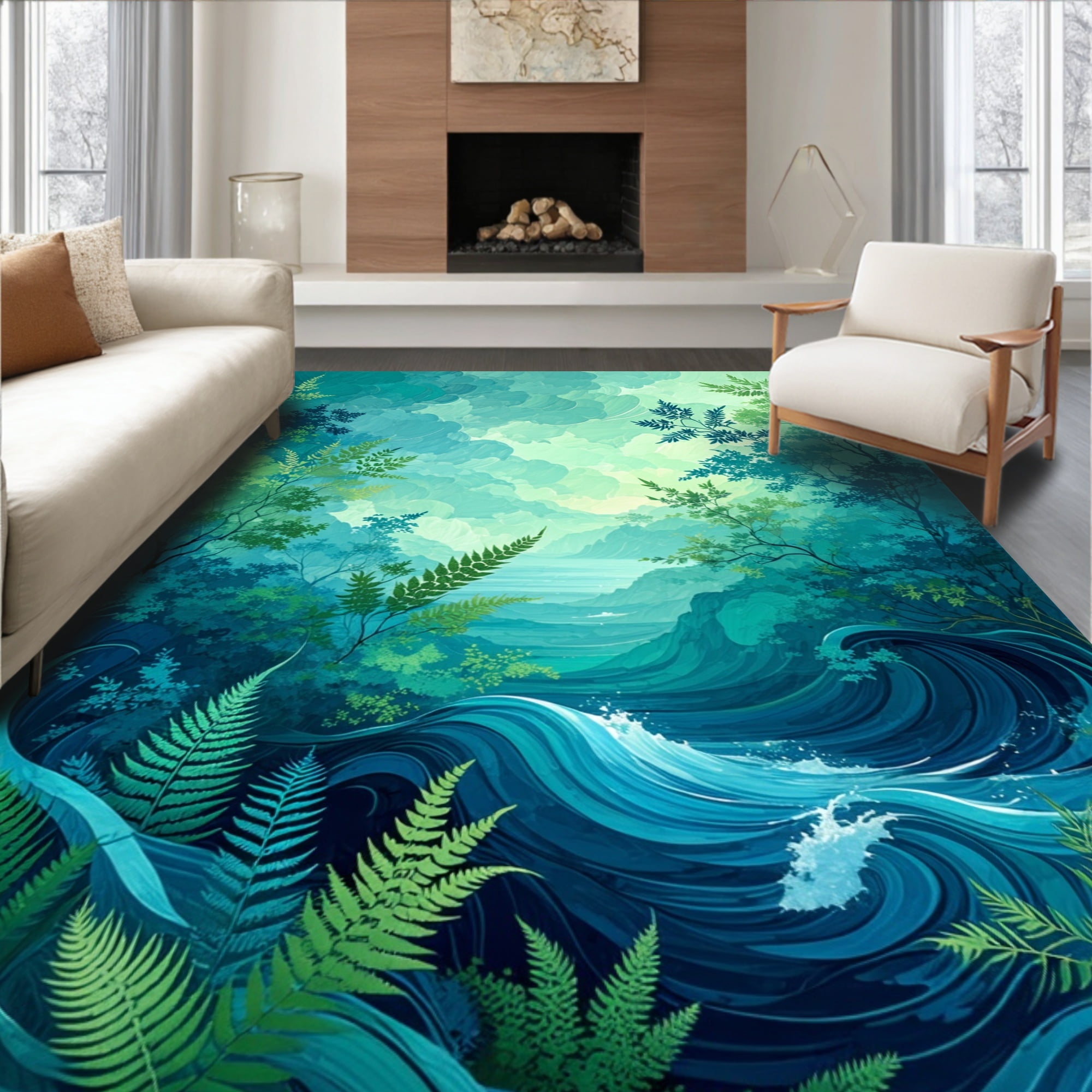 Flatwoven High Traffic Area Rug, Elegant Fern Fronds And Coastal Waves ...