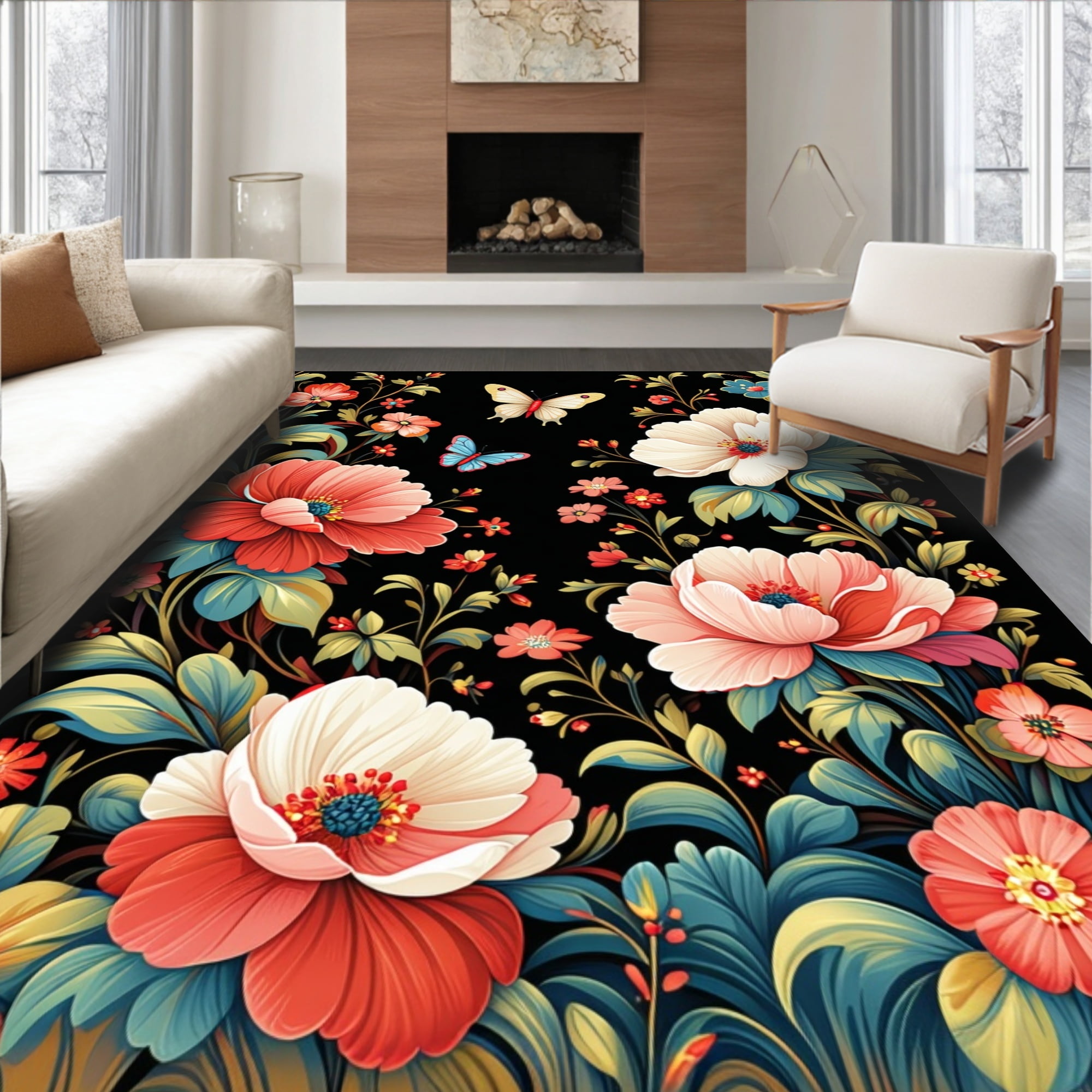 Flatwoven High Traffic Area Rug, Elegant Floral Design with Tropical ...