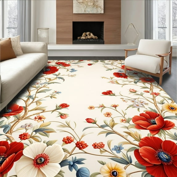 Flatwoven High Traffic Area Rug, Elegant Floral Medley in Dynamic Red ...