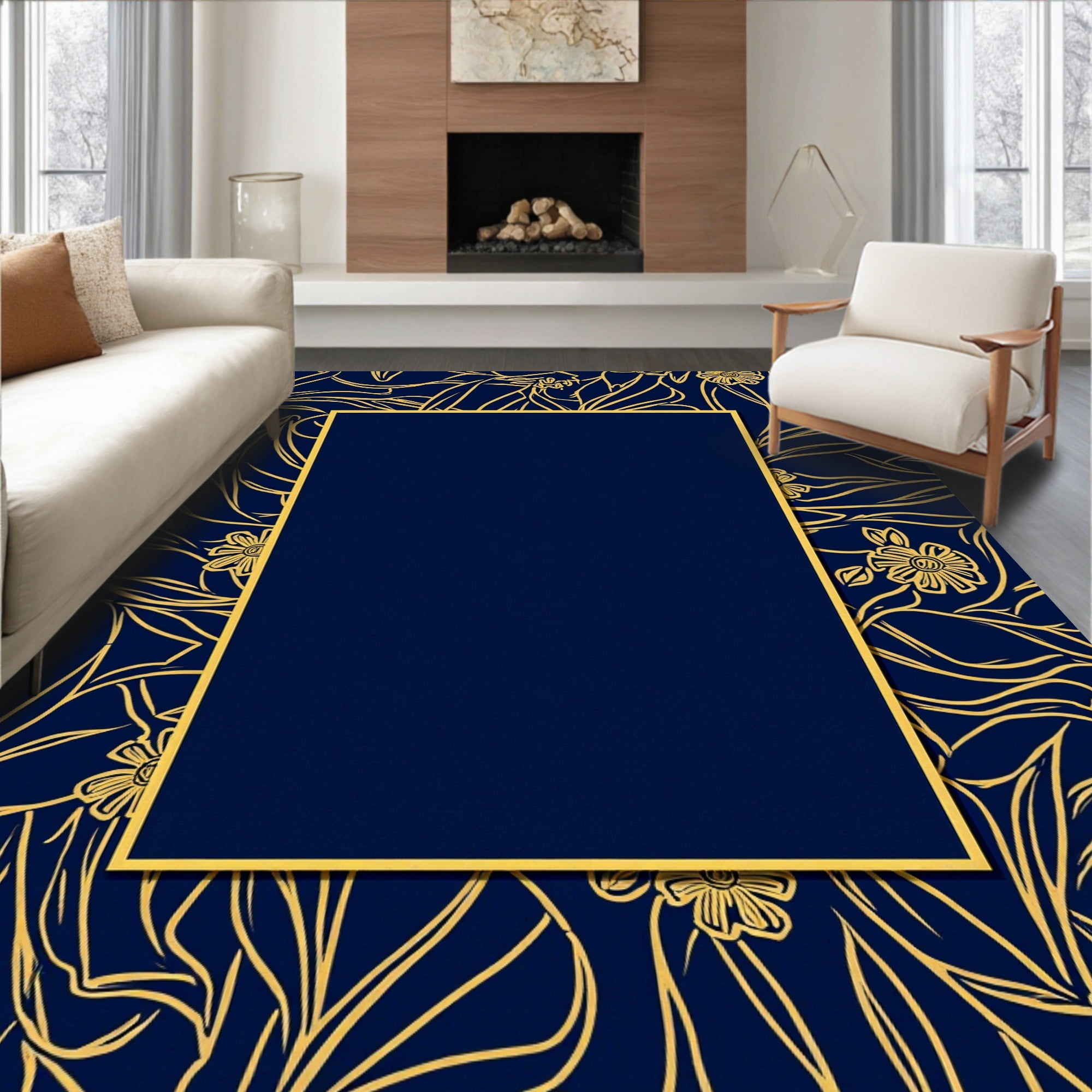 Flatwoven High Traffic Area Rug, Elegant Half Round Floral Wave, Non ...