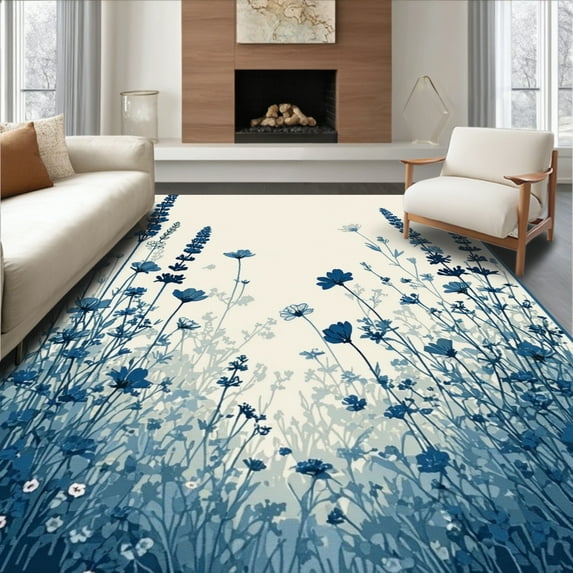 Flatwoven High Traffic Area Rug, Elegant Indigo Meadow, Non Slip, Stain ...