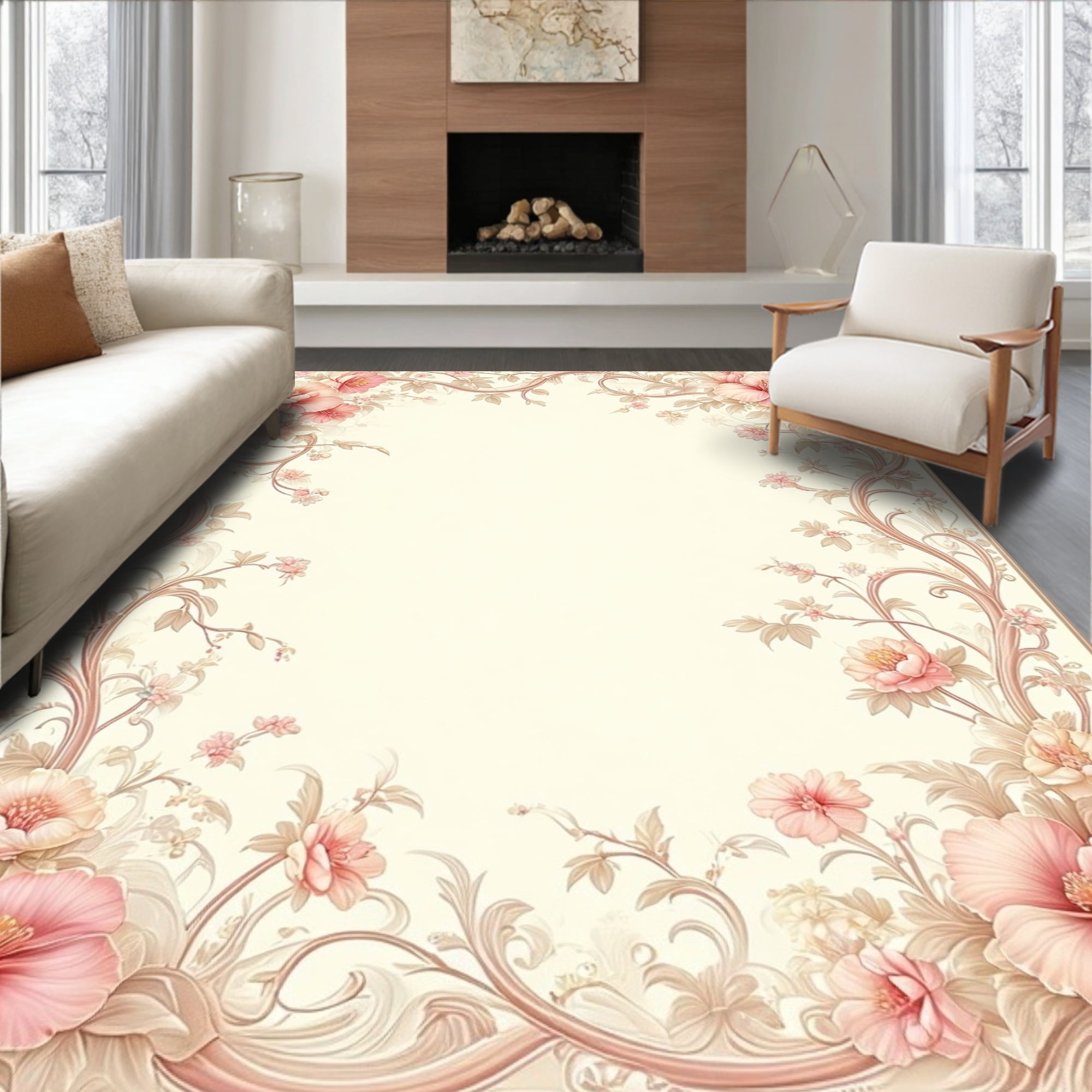 Flatwoven High Traffic Area Rug, Elegant Low Contrast Floral Lace with ...