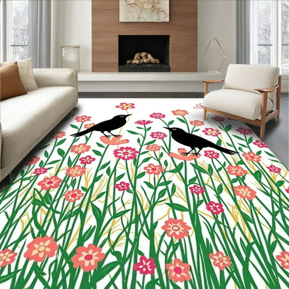 Flatwoven High Traffic Area Rug, Elegant Magpie Meadow, Non Slip, Stain ...