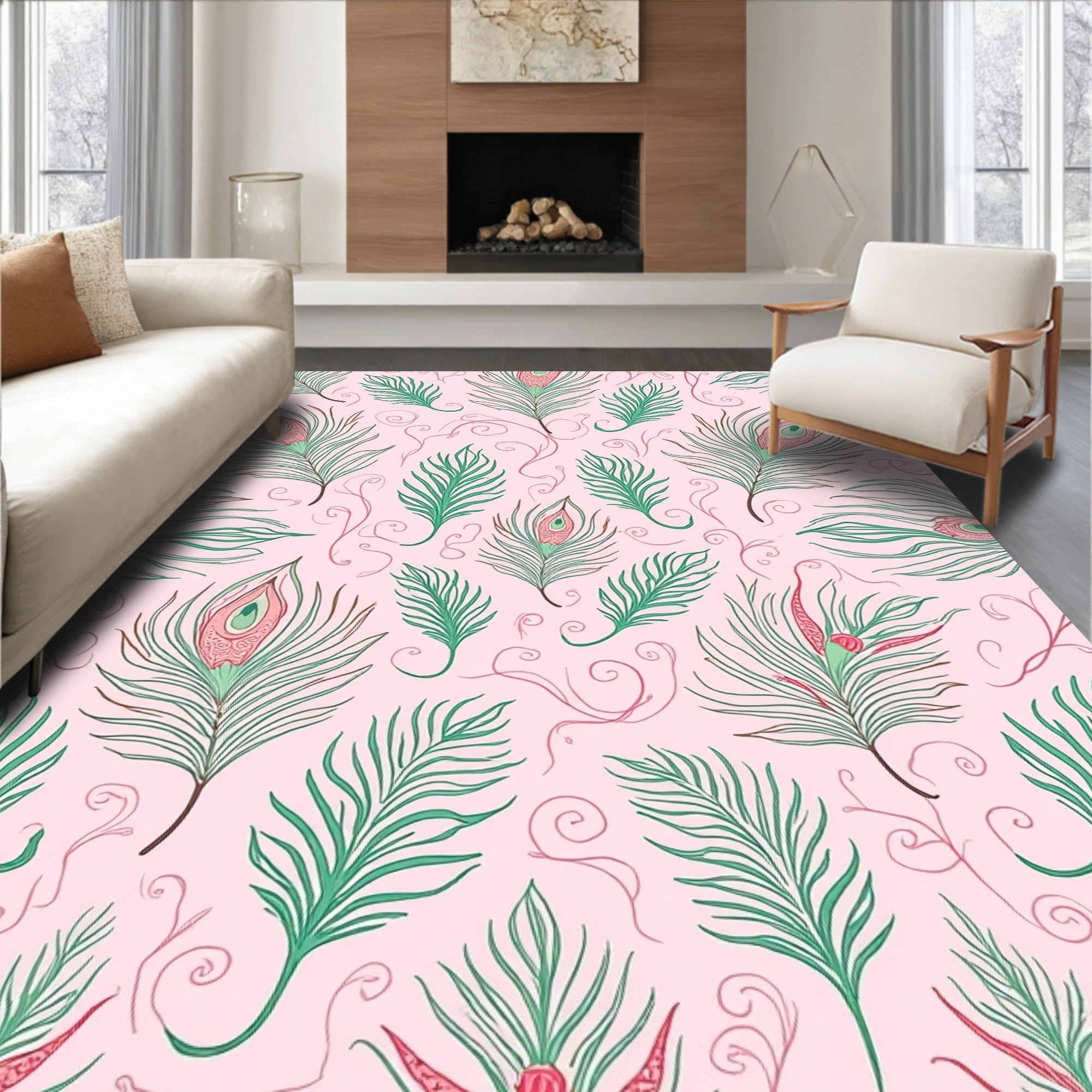 Flatwoven High Traffic Area Rug, Elegant Peacock Feather Motif with ...