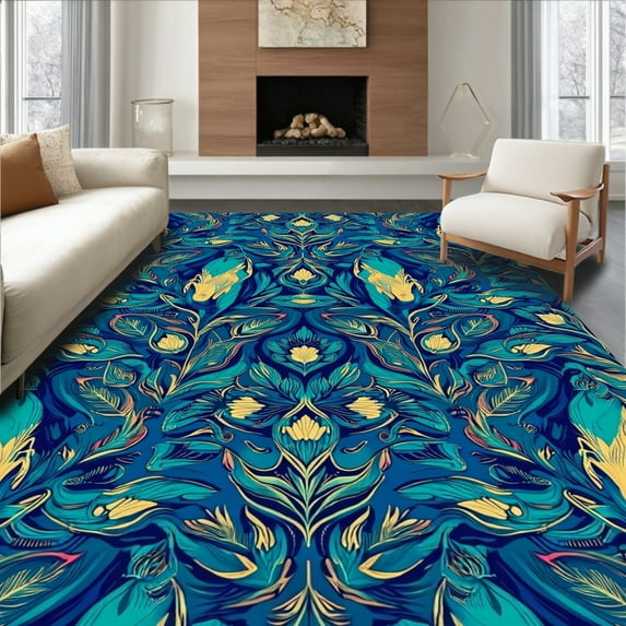 Flatwoven High Traffic Area Rug, Elegant Peacock Feather Motif with ...