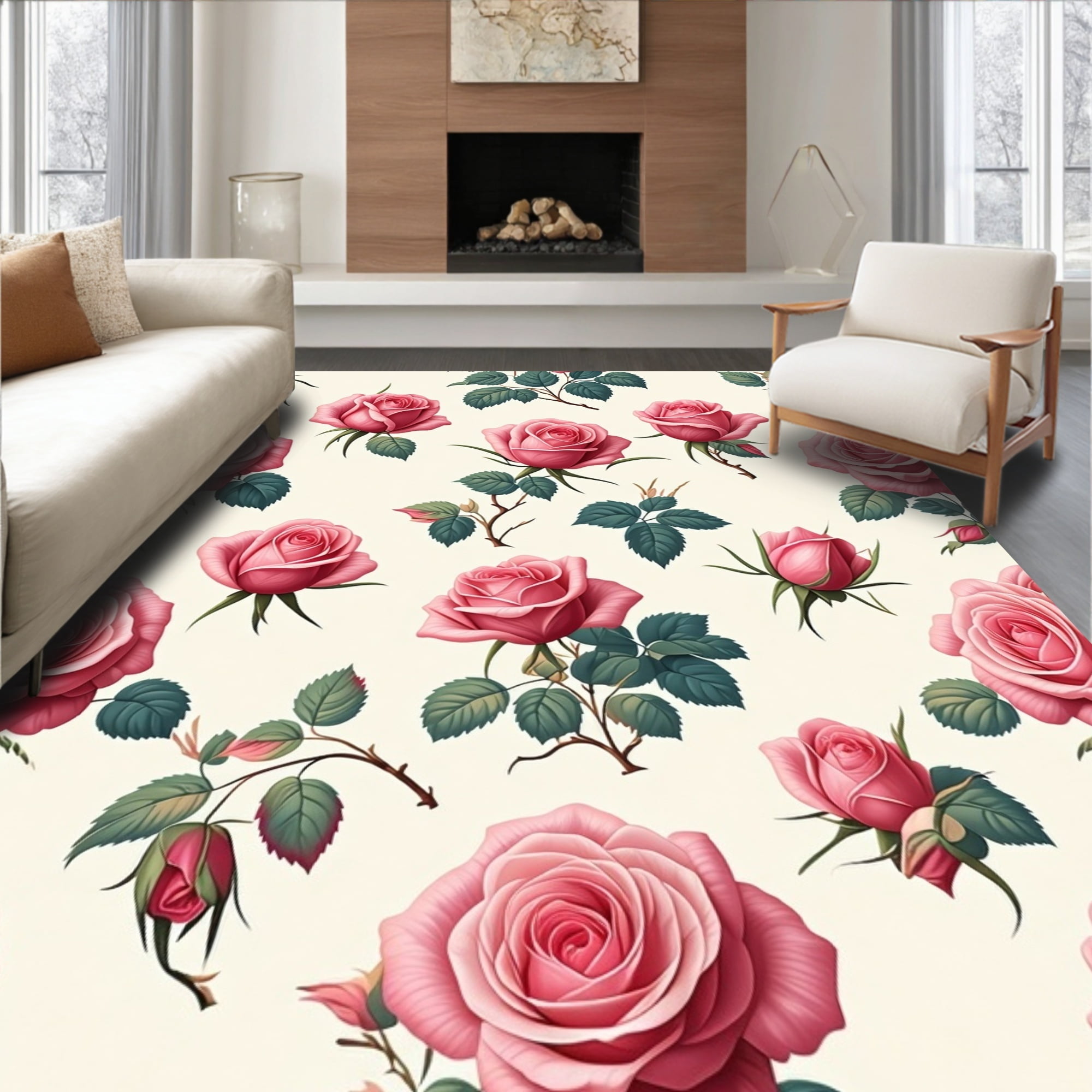 Flatwoven High Traffic Area Rug, Elegant Pink Rose, Non Slip, Stain ...