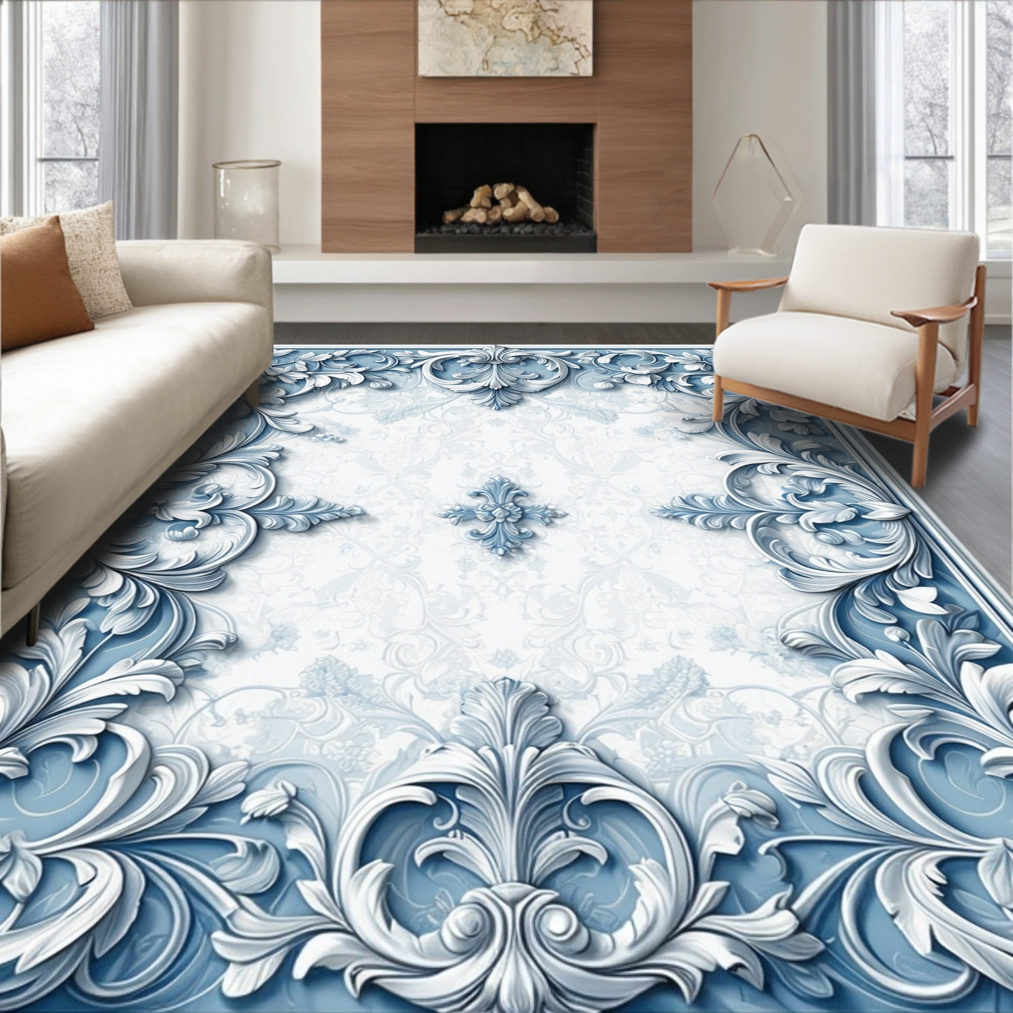 Flatwoven High Traffic Area Rug, Elegant Rococo Scroll and Leaf with ...