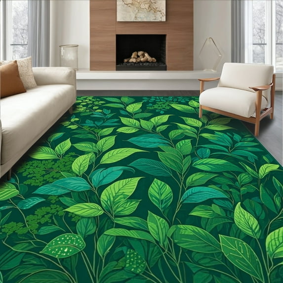 Flatwoven High Traffic Area Rug, Elegant Verdant Foliage Tapestry With ...