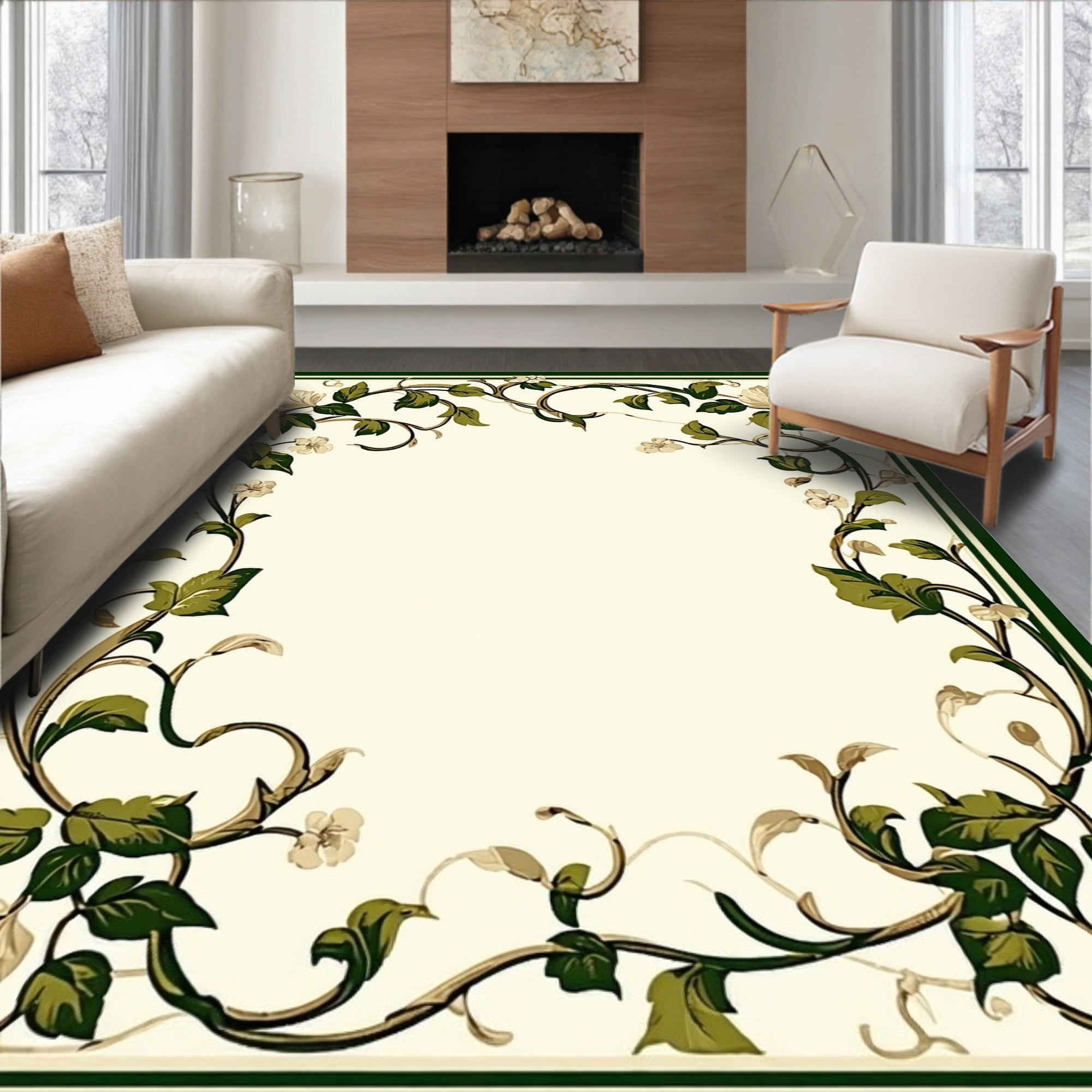 Flatwoven High Traffic Area Rug, Elegant Vine Scroll Runner with Ornate ...
