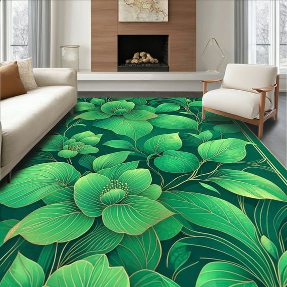 Flatwoven High Traffic Area Rug, Emerald Bloom Botanical Leaf Motif ...