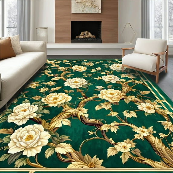 Flatwoven High Traffic Area Rug, Emerald Bloom Hand Woven Floral ...