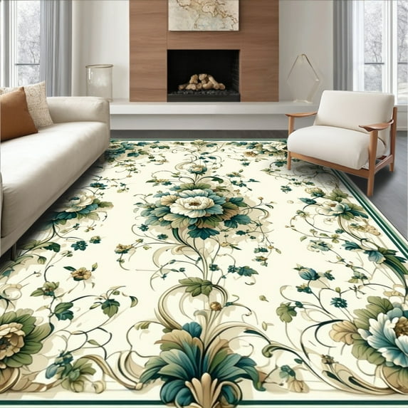 Flatwoven High Traffic Area Rug, Emerald Garden Bloom, Non Slip, Stain ...