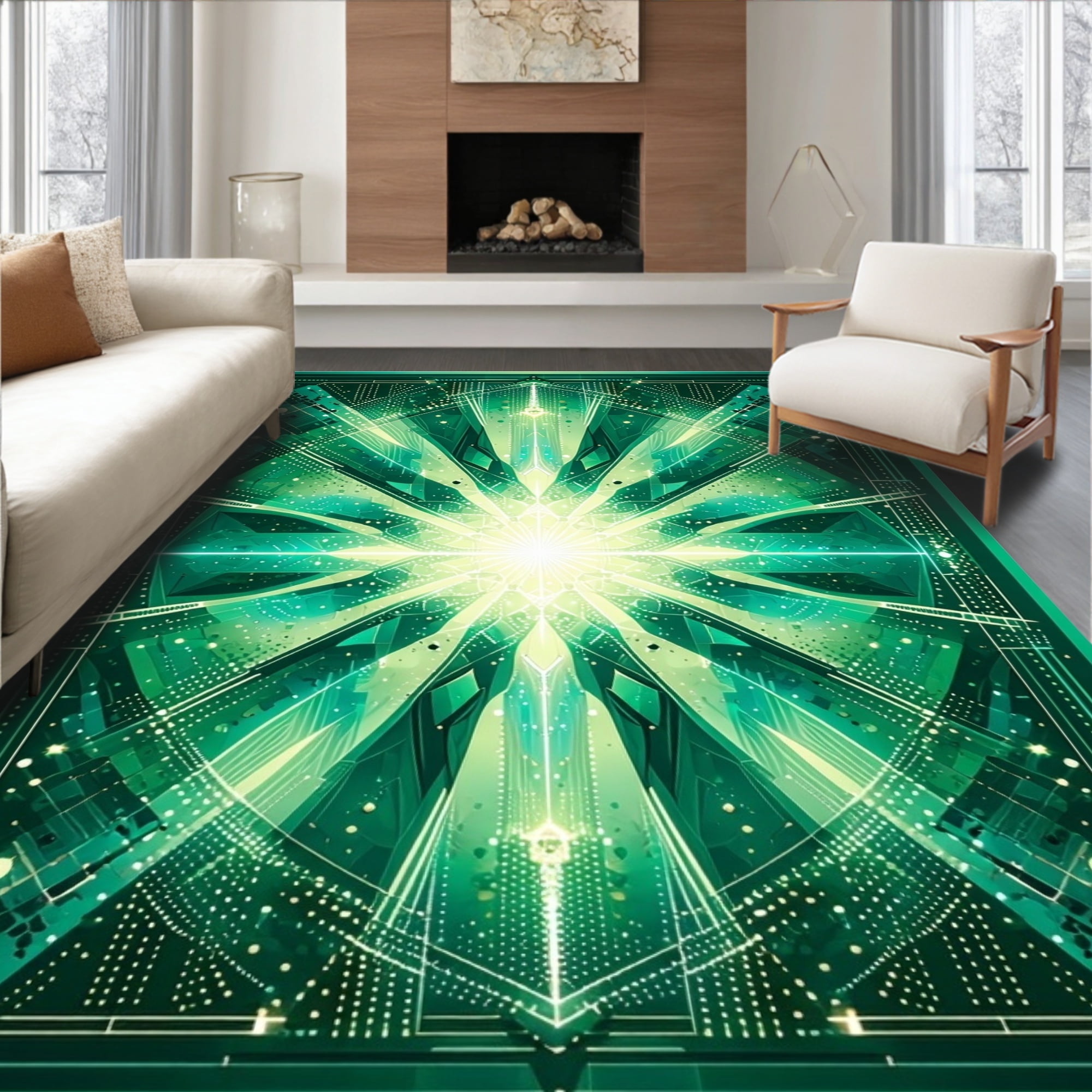 Flatwoven High Traffic Area Rug, Emerald Octagon with Polygonal ...