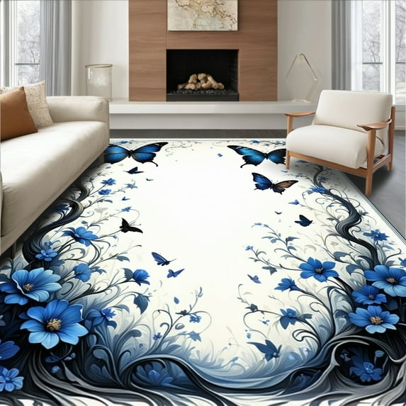 Flatwoven High Traffic Area Rug, Enchanted Floral Butterfly Design with ...