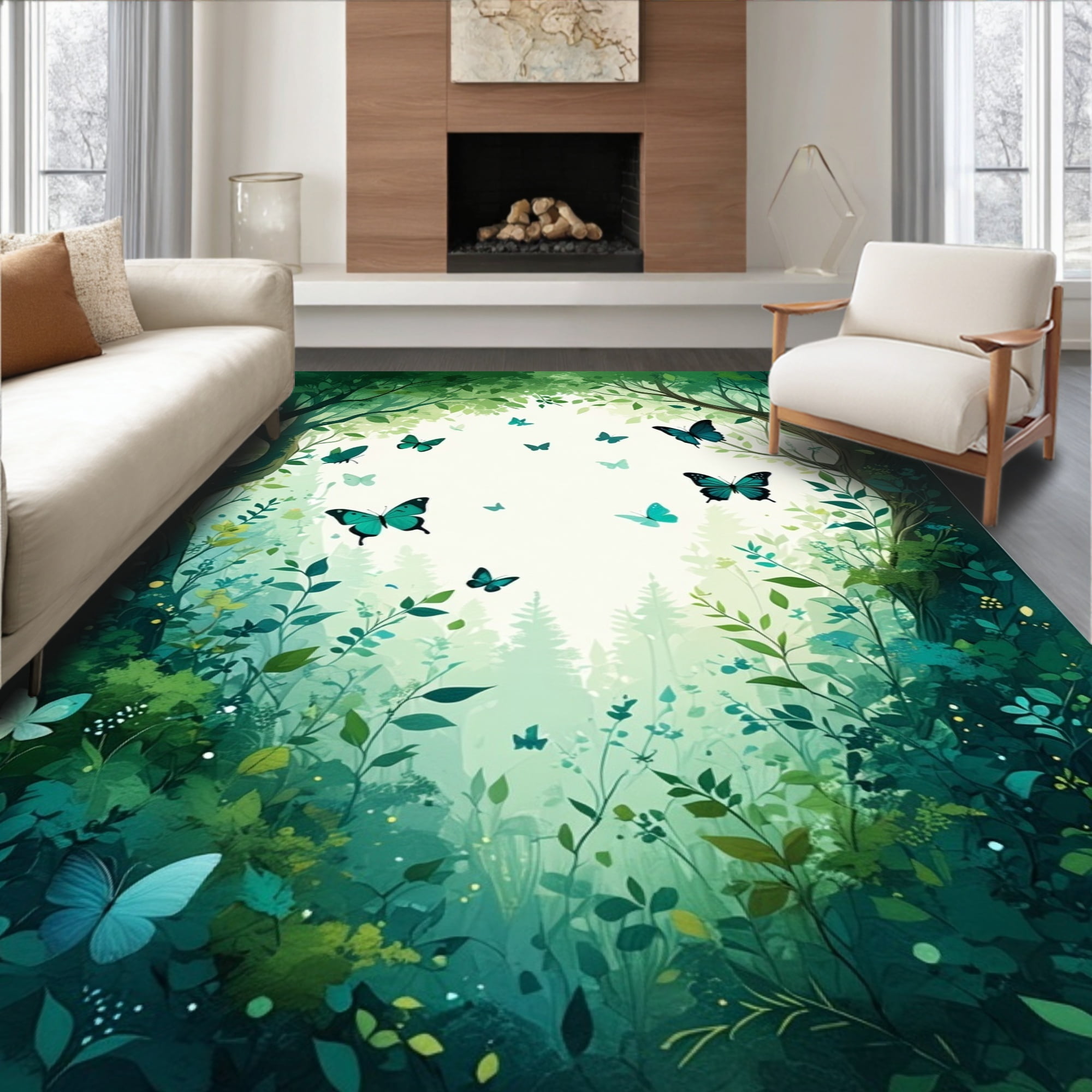 Flatwoven High Traffic Area Rug, Enchanted Forest Path with Butterflies ...