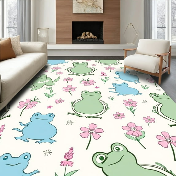 Flatwoven High Traffic Area Rug, Enchanted Frog Meadow with Floral ...